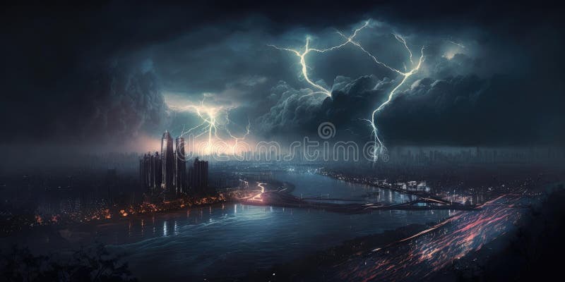 Destructive and Powerful Thunder Storm Strike Metropolis City with ...