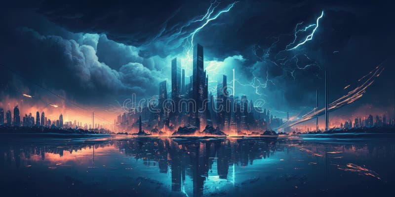 Destructive and Powerful Thunder Storm Strike Metropolis City with ...