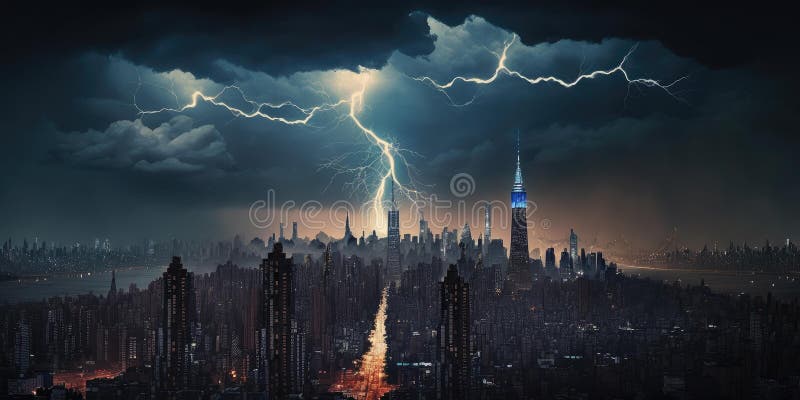 Destructive and Powerful Thunder Storm Strike Metropolis City with ...