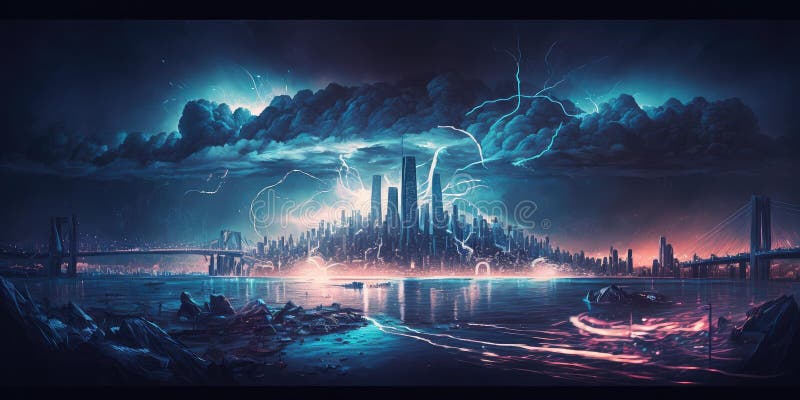 Destructive and Powerful Thunder Storm Strike Metropolis City with ...