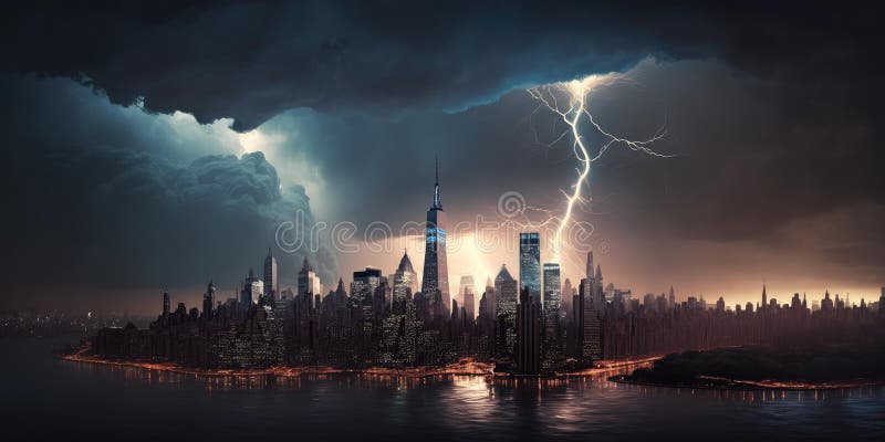 Destructive and Powerful Thunder Storm Strike Metropolis City with ...