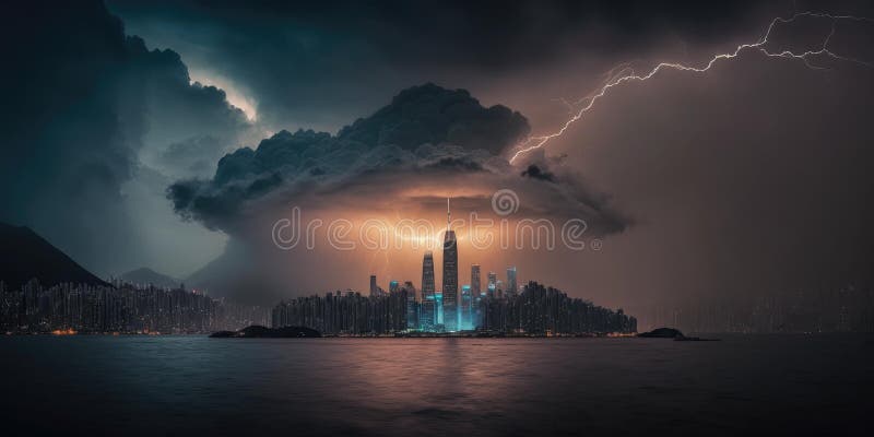 Destructive and Powerful Thunder Storm Strike Metropolis City with ...