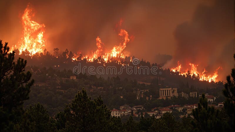Destructive Wildfire in Mediterranean Forest with Flaming Ruins and Ash ...