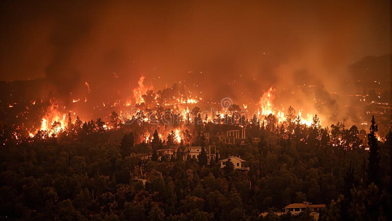 Destructive Wildfire in Mediterranean Forest with Flaming Ruins and Ash ...