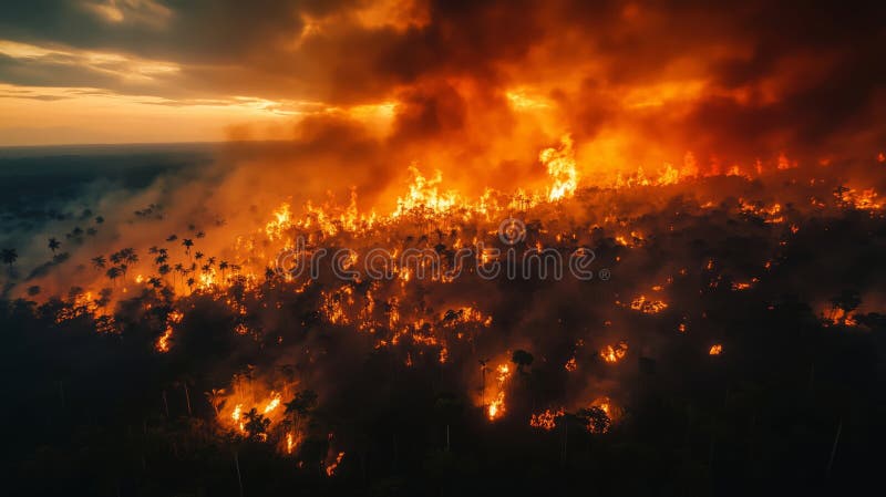 Destructive Wildfire Ravaging Forest Ecosystem during Sunset Stock ...