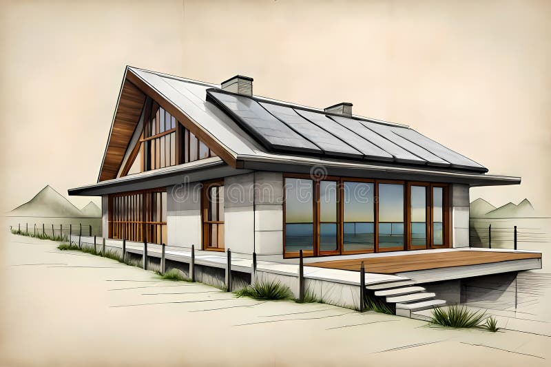 Detached House with Solar Panels Stock Illustration - Illustration of ...