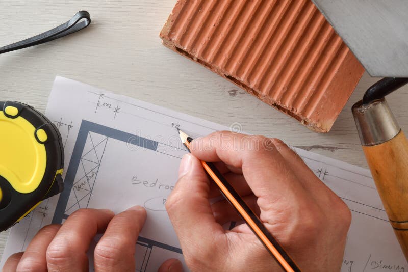 Detail of Architect Noting on House Plan on Wooden Bench Stock Photo ...