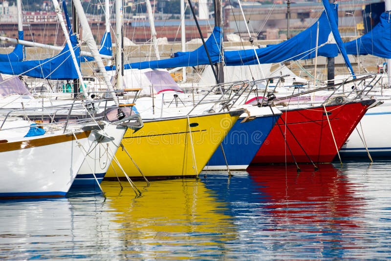 Detail of Beautiful Colored Boats Reflected in the Water Stock Photo ...