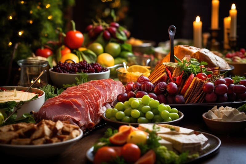 Detail of Boxing Day Buffet Table with Various Foods Stock Illustration ...