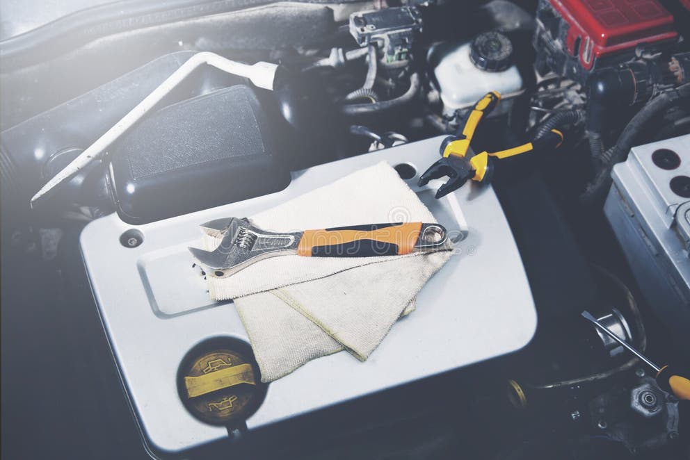 Detail of Car Engine with Tools Stock Image - Image of machine ...