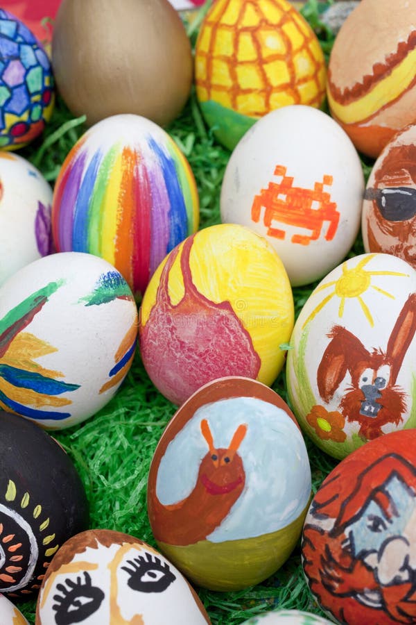 Detail of Colorful, Painted Easter Eggs with Different Forms and Stock ...