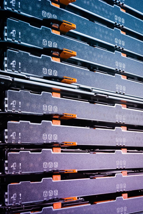 Detail Of Data Storage Hardware Inside Data Center Cluster Of Stock