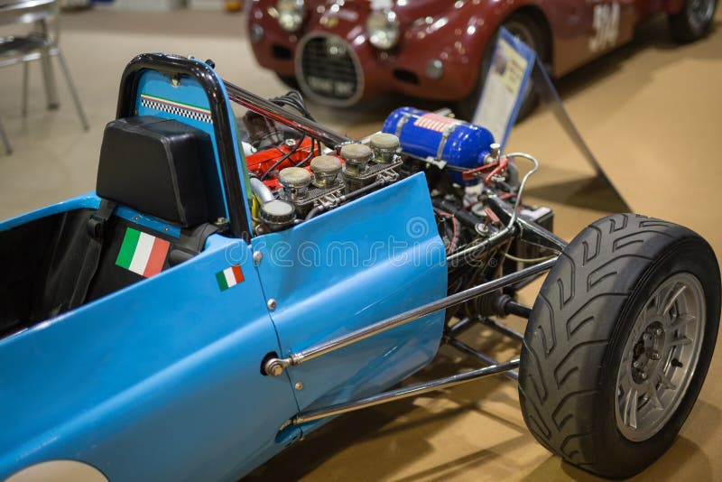Detail of the Driver`s Seat and External Motor of an Old Blue Racing ...