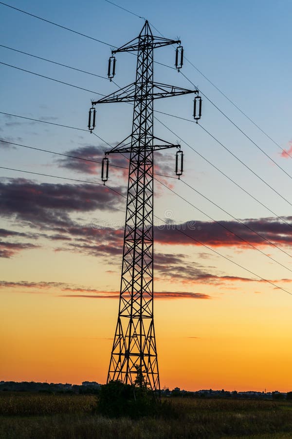 Detail of Electric Pole with Electric Cables at Sunset Stock Photo ...