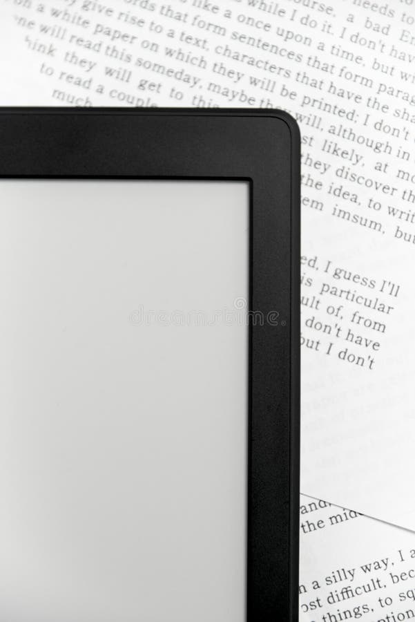 Detail of an Electronic Reader Off on Sheets of Paper with Text Printed ...