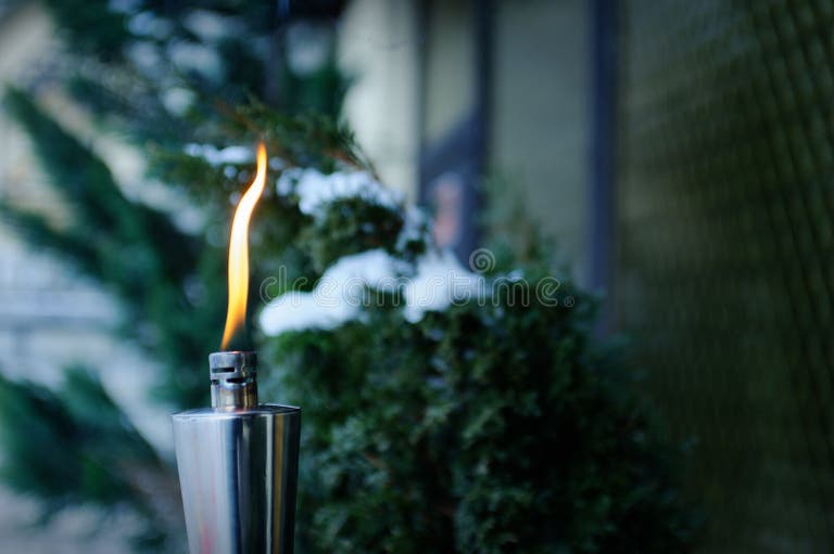 Detail of a Flame on a Lighter, with a Snow-covered Tree in the ...