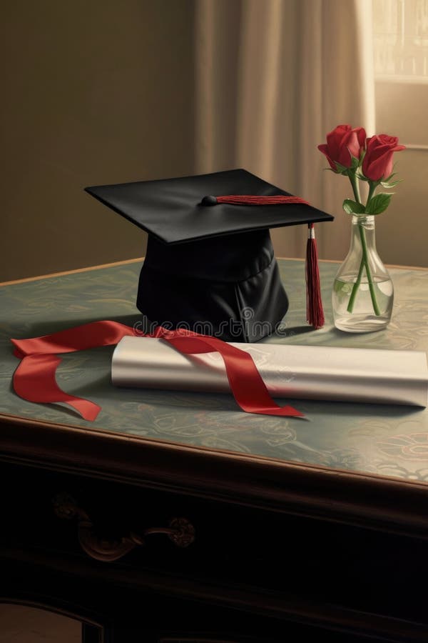 Detail of a Graduation Cap and Diploma on a Table Stock Illustration ...