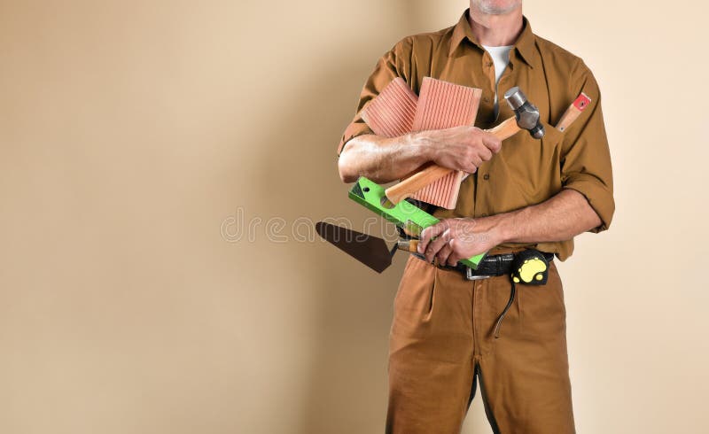 Detail of Mason Equipped with Tools and Building Materials Stock Image ...