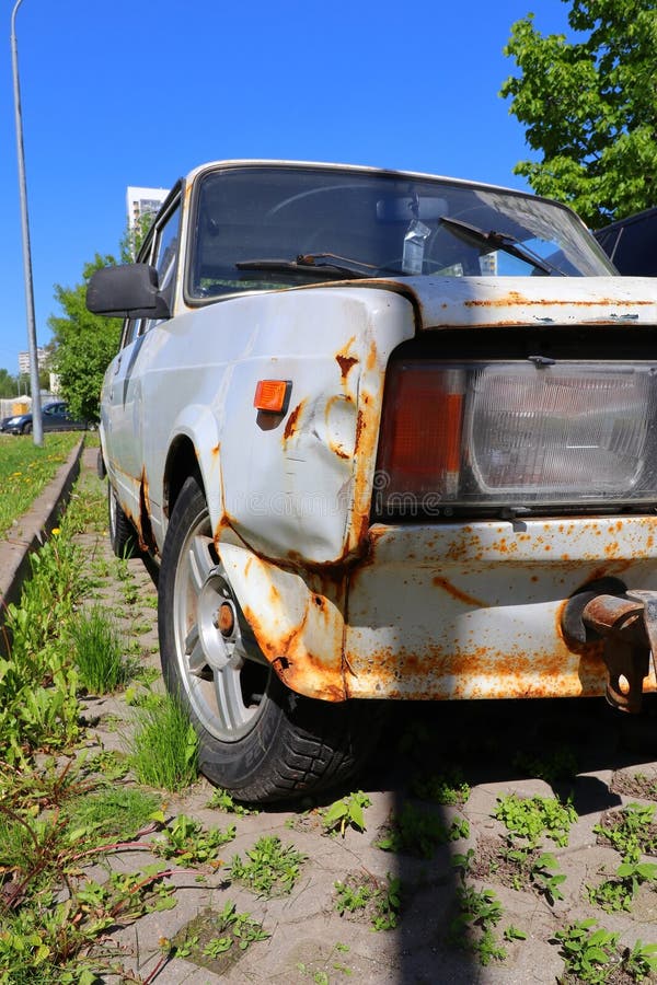 Detail of Old White Rusted Car with Front Headlight Stock Photo - Image ...