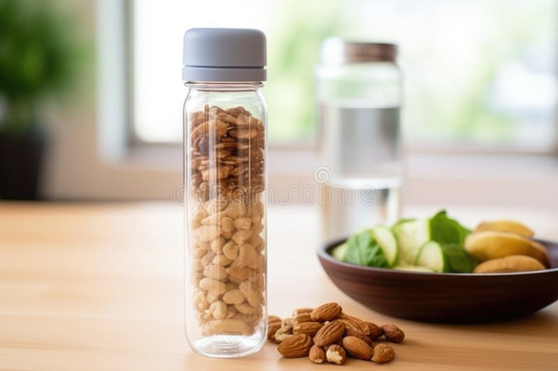 A Detail of Reusable Water Bottle Besides a Bowl of Mixed Nuts Stock ...