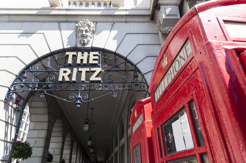 Detail of the Ritz Hotel with Red Phone Booth Editorial Photo - Image ...