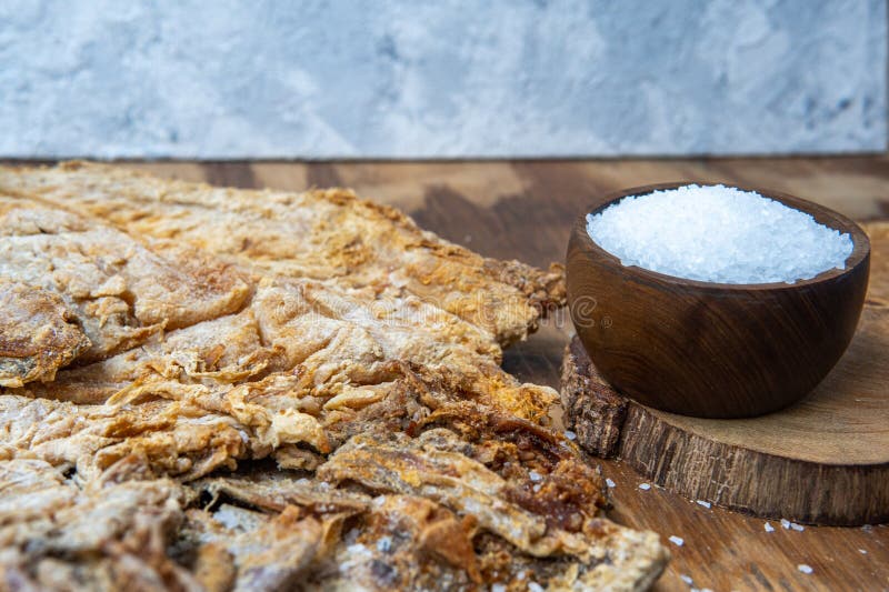 Detail of Salted Fish Next To Sea Salt with Copy Stock Photo - Image of ...