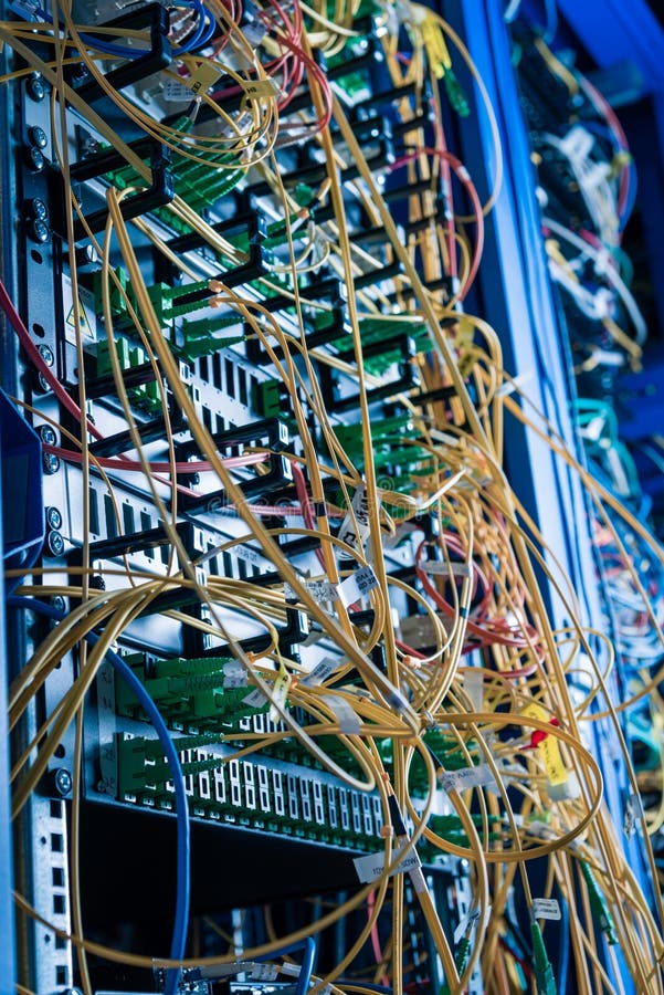 Detail of Server Rack with Fiber Optic Cables Attached To Front Stock ...