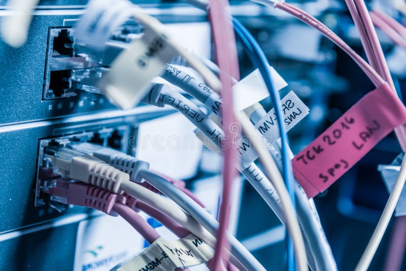 Detail of Server Rack with Fiber Optic Cables Attached To Front Stock ...