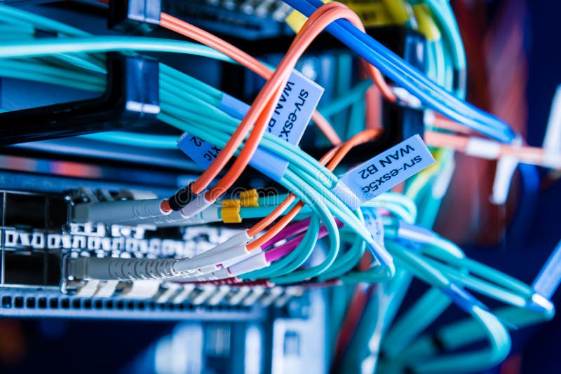 Detail of Server Rack with Fiber Optic Cables Attached To Front Stock ...