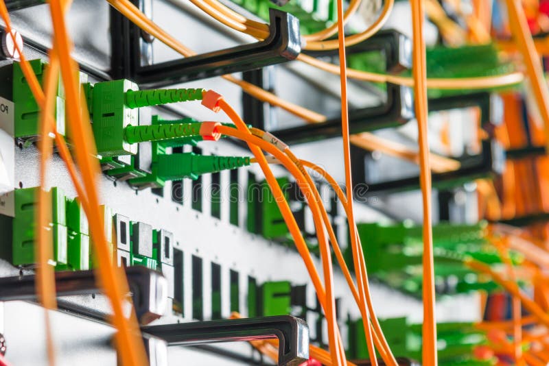 Detail of Server Rack with Fiber Optic Cables Attached To Front Stock ...