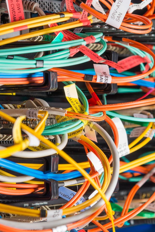Detail of Server Rack with Fiber Optic Cables Attached To Front Stock ...