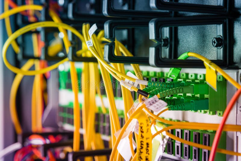 Detail of Server Rack with Fiber Optic Cables Attached To Front Stock ...