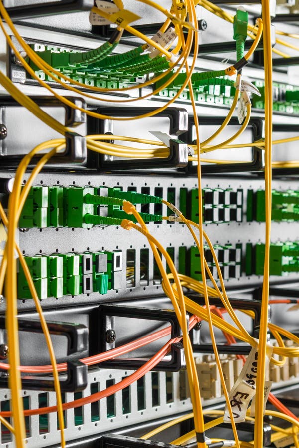 Detail of Server Rack with Fiber Optic Cables Attached To Front Stock ...