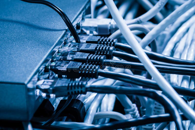 Detail of Server Room with Bunch Ethernet Cables at the Back of Stock ...