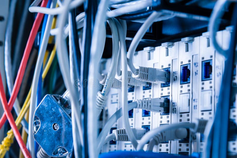Detail of Server Room with Bunch Ethernet Cables at the Back of Stock ...