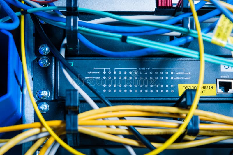 Detail of Server Room with Bunch Ethernet Cables at the Back of Stock ...