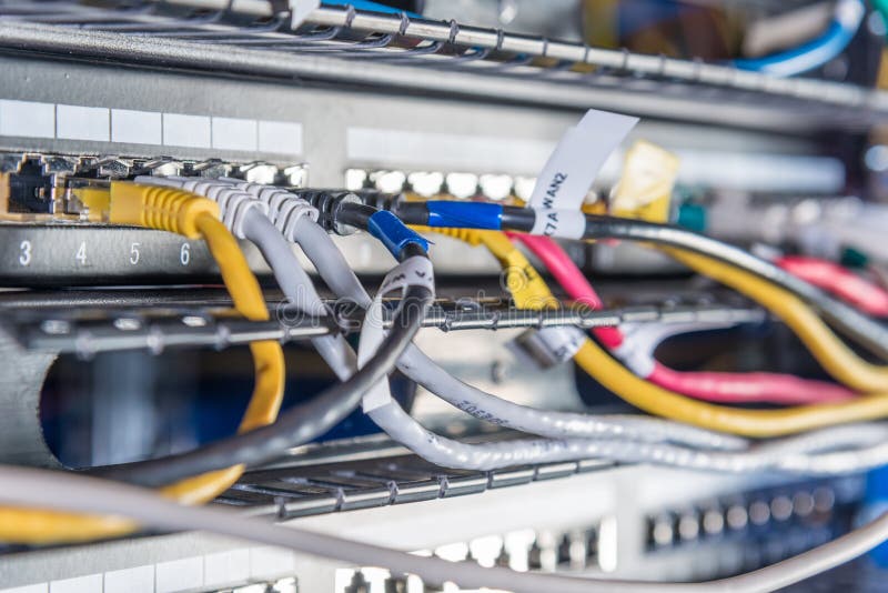 Detail of Server Room with Bunch Ethernet Cables at the Back of Stock ...
