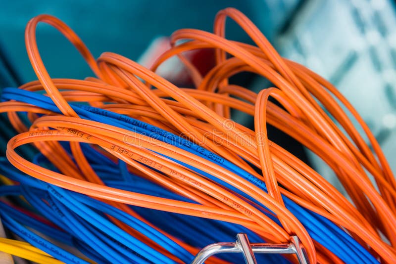 Detail of Server Room with Bunch of Fiber Optic Cables at the Ba Stock ...