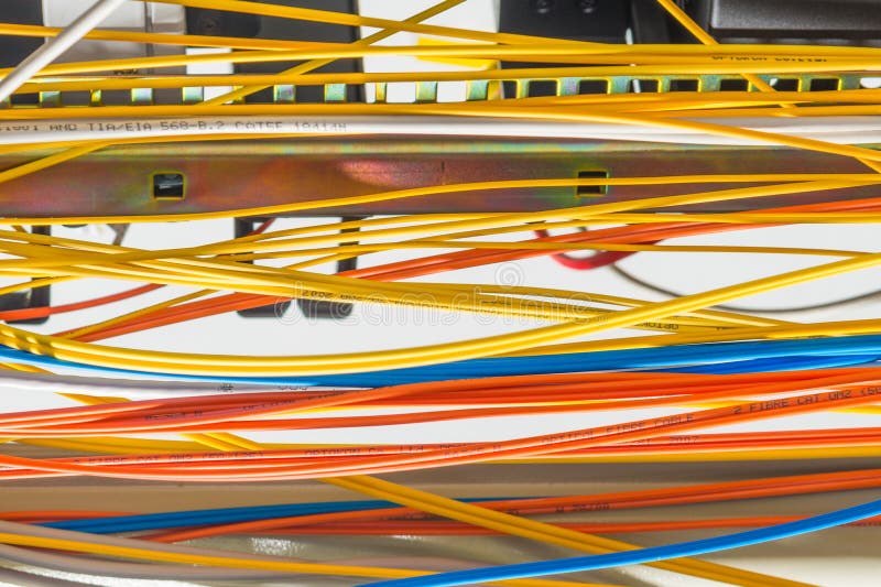 Detail of Server Room with Bunch of Fiber Optic Cables at the Ba Stock ...