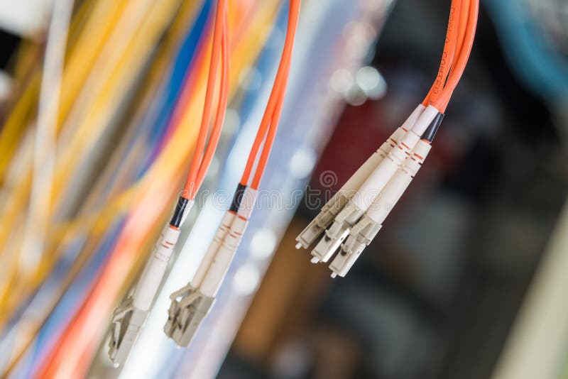 Detail of Server Room with Bunch of Fiber Optic Cables at the Ba Stock ...