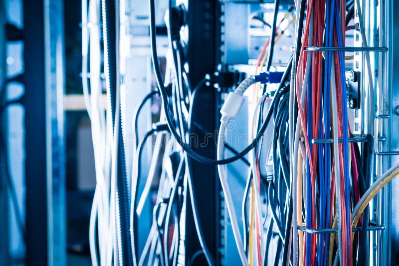 Detail of Server Room with Bunch of Fiber Optic Cables and Ether Stock ...