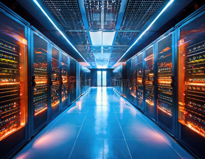 Server Room Showcasing Rows of Server Racks Under Blue and Orange ...