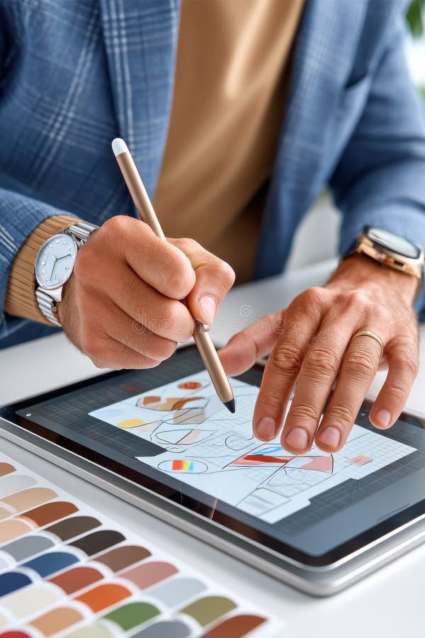 Close-up of Hand Using Stylus on Tablet for Design Sketching Stock ...