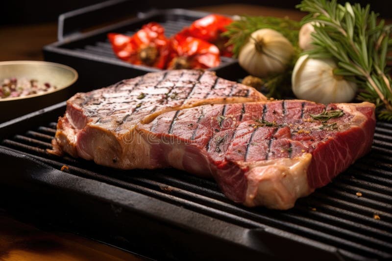 Detail Shot of T-bone Steak Sizzling on a Grill Pan Stock Image - Image ...