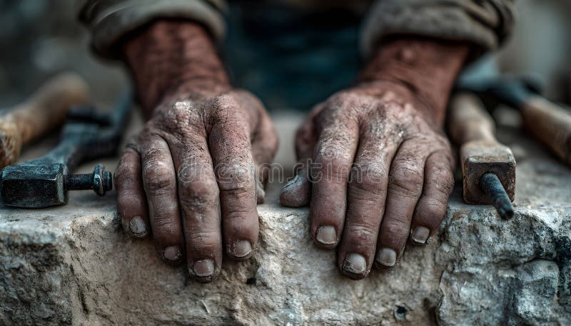Detail Shot of Weathered Hands on Stone, Tools in Background. Symbolizes Hard Work, Perseverance ...