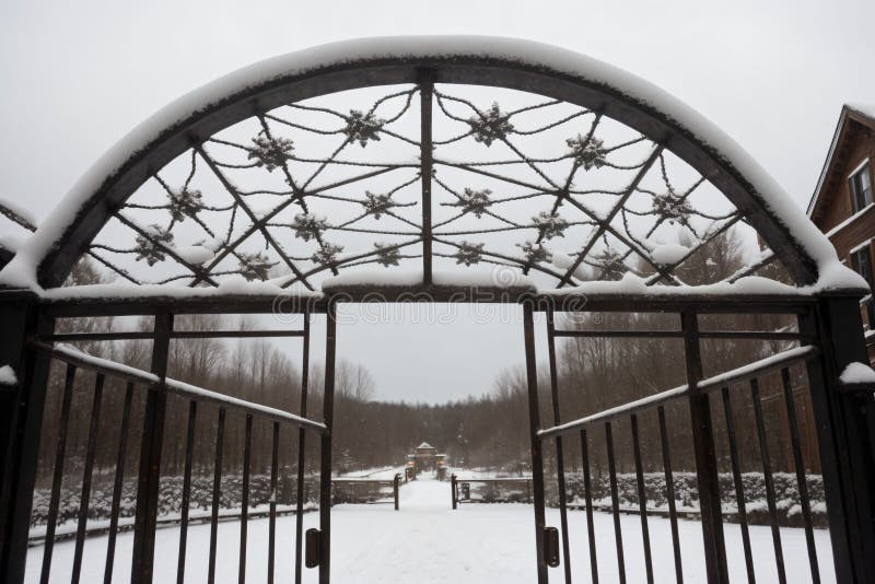 Detail of a Snow-covered Wrought Iron Gate Stock Illustration ...