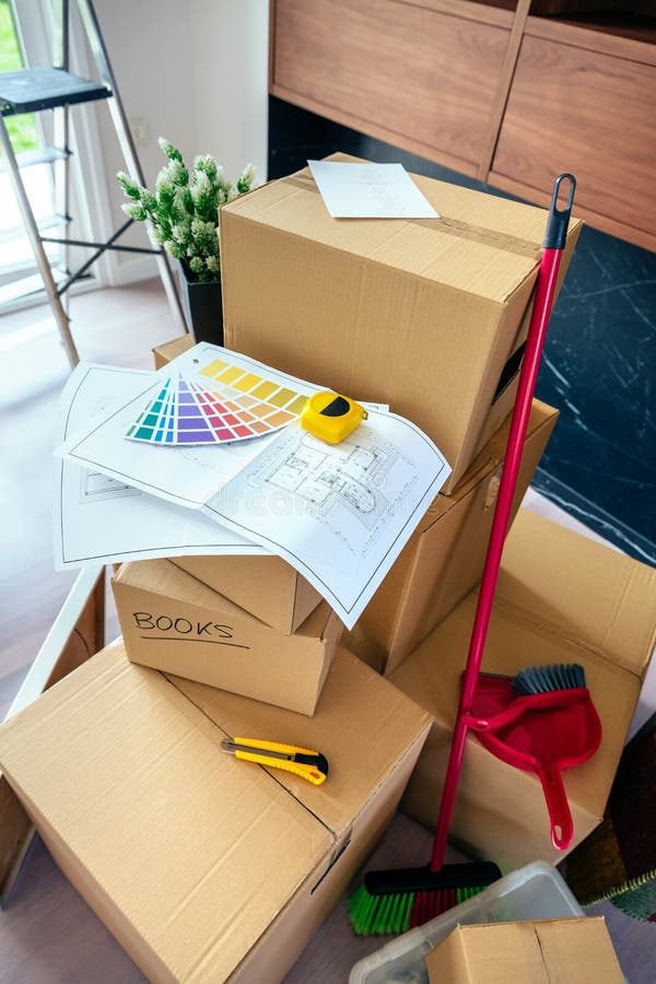 Stack of moving boxes stock photo. Image of space, brown - 56151062