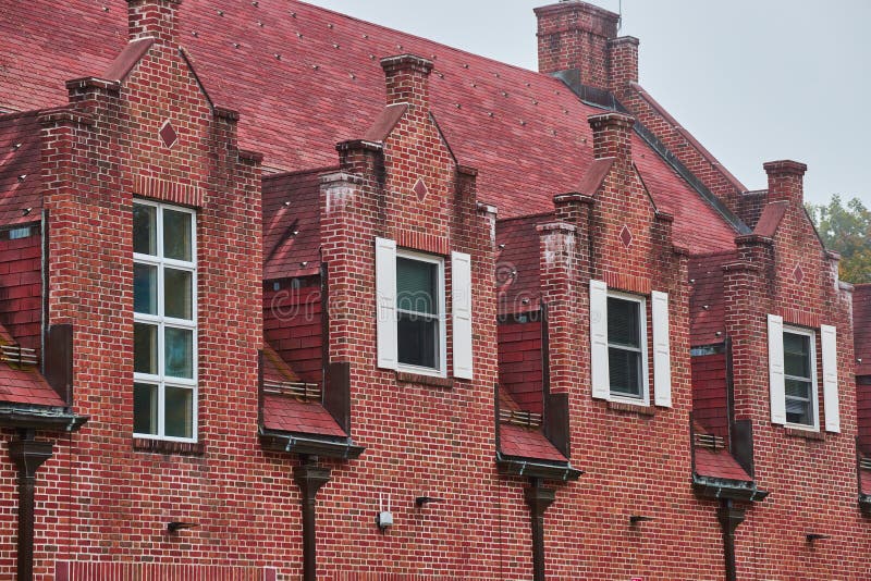 Detail Top Windows of Old Brick Building with Four Overlooks Stock ...