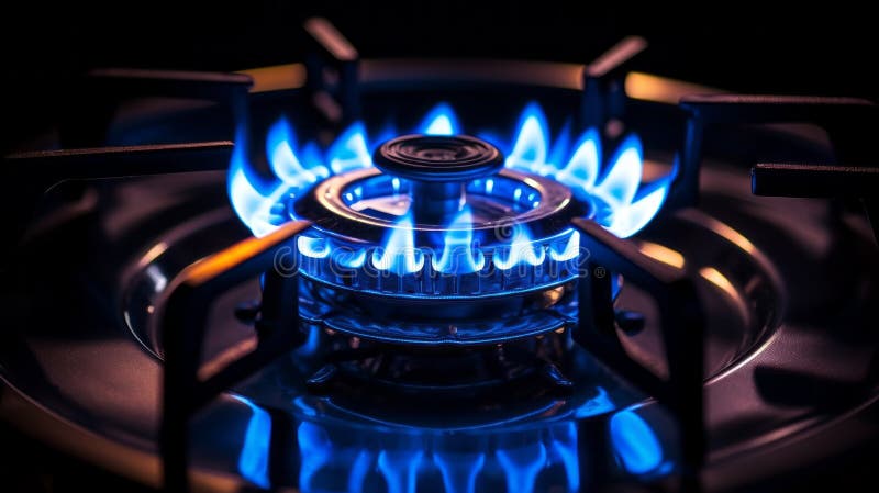 Detail View on Gas Cooker with Blue Flame on while Cooking in the ...
