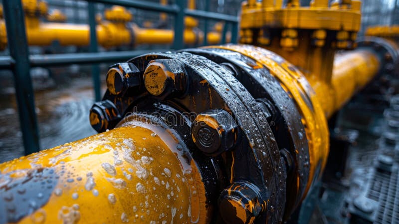 Close Up View of a Wet Yellow Pipe Fitting in an Industrial Facility ...